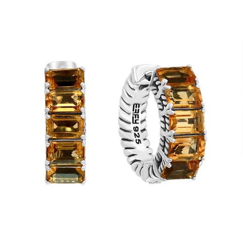 EFFY Emerald Shape Citrine Hoop Earrings in Rhodium Plated Sterling Si ...