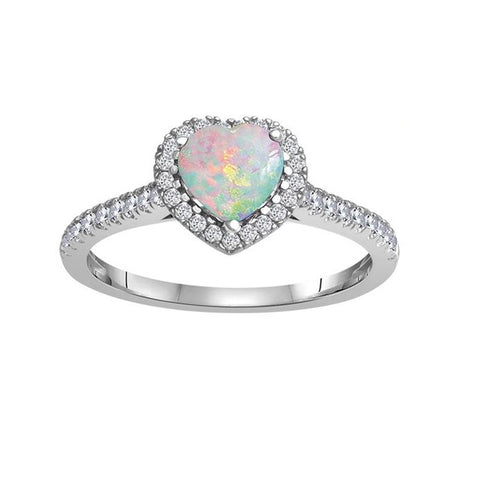 6MM Heart Shape Opal and White Sapphire Birthstone Heart Halo Ring in ...